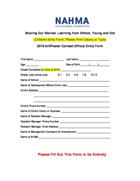 2019 Child Entry and Release Form Only - NAHMA