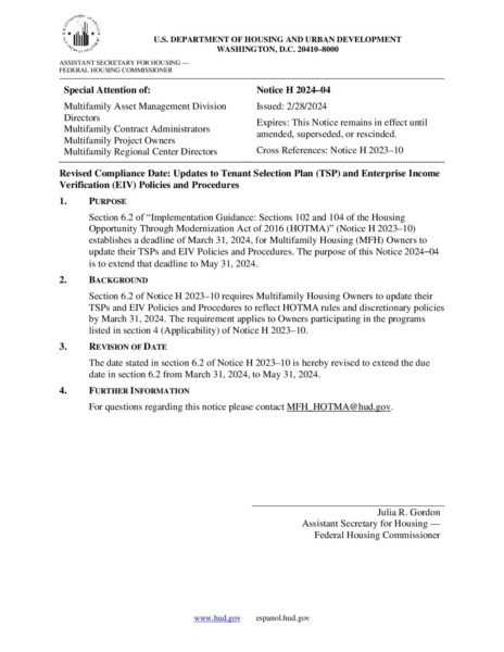 Revised Compliance Date - Updates to Tenant Selection Plan (TSP) and ...